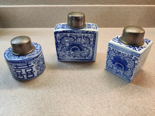 Set of 3 Vintage Blue and White Chinese Tea Caddy | eBay