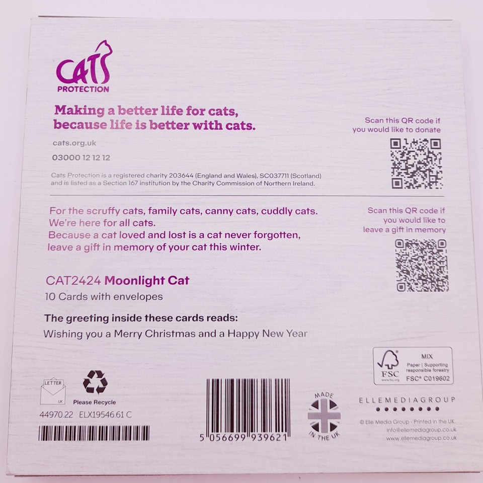 Cats Protection Christmas Cards Moonlight Cat 2024 pack of 10 with ...