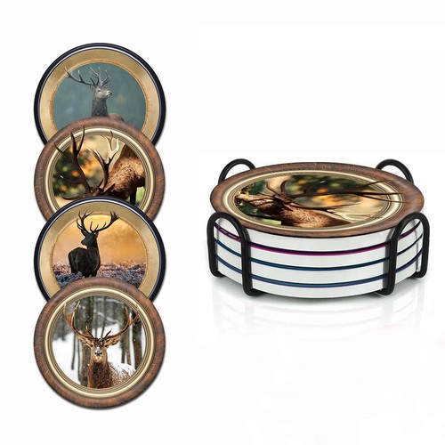 Ceramic Coaster Set of 4 Moisture Absorbing Stone Coasters with Cork ...