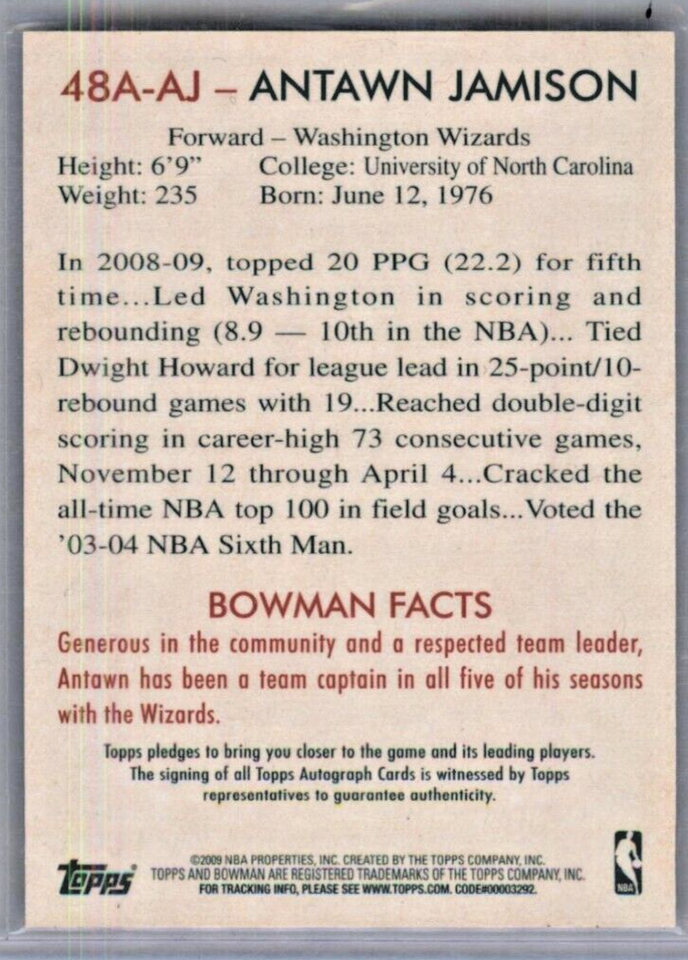 2009-10 Bowman 48 Antawn Jamison Autograph #48A-AJ WASHINGTON WIZARDS ...