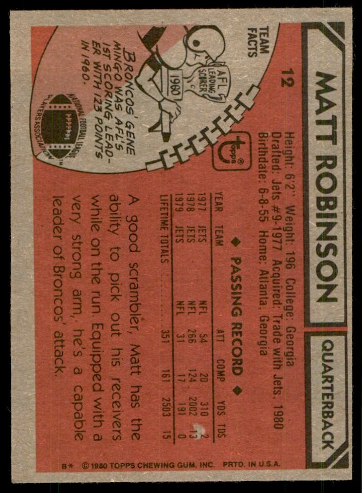 1980 Topps Matt Robinson Football Card Denver Broncos #12 | eBay