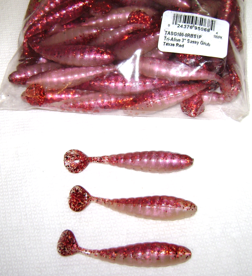 MISTER TWISTER 100 PACK 3 INCH TRI-ALIVE SASSY GRUB LURES TEXAS RED | eBay