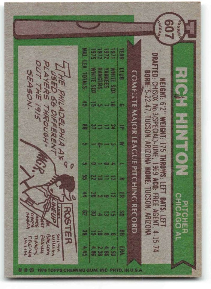 1976 Topps #607 Rich Hinton NM Near Mint White Sox ID:277129 | eBay