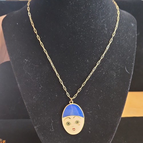 Gold Tone Link Chain Necklace Enamel Oval Cartoon Face Charm Pendant | eBay