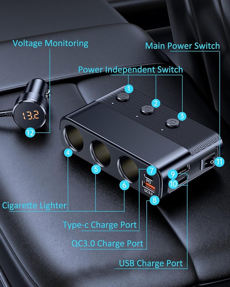 3 Way 12V Car Cigarette Lighter Socket Splitter Power Adapter Charger ...