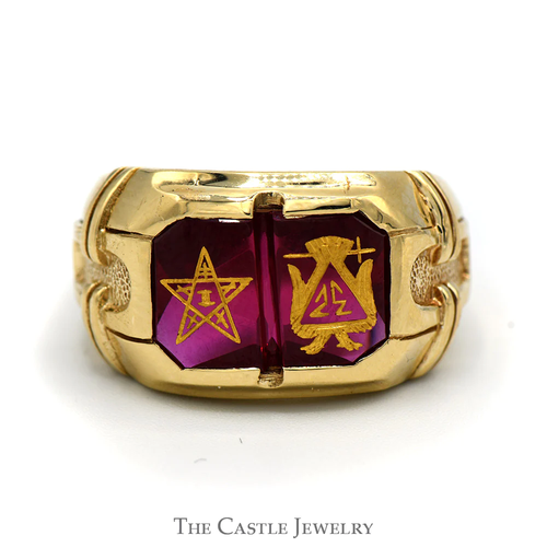 Men's Double Red Stone Masonic Ring in 10k Yellow Gold - Size 9.75 | eBay