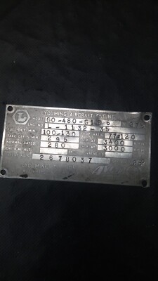 AVCO LYCOMING MODEL GO-480-G1D6 AIRPLANE/AIRCRAFT ENGINE/MOTOR DATA TAG ...
