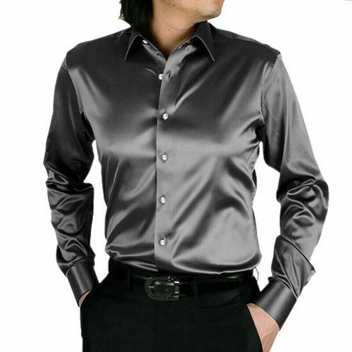 Satin pour Hommes Soyeux Chemise Manches Longues Effet Mouillé Chic ...