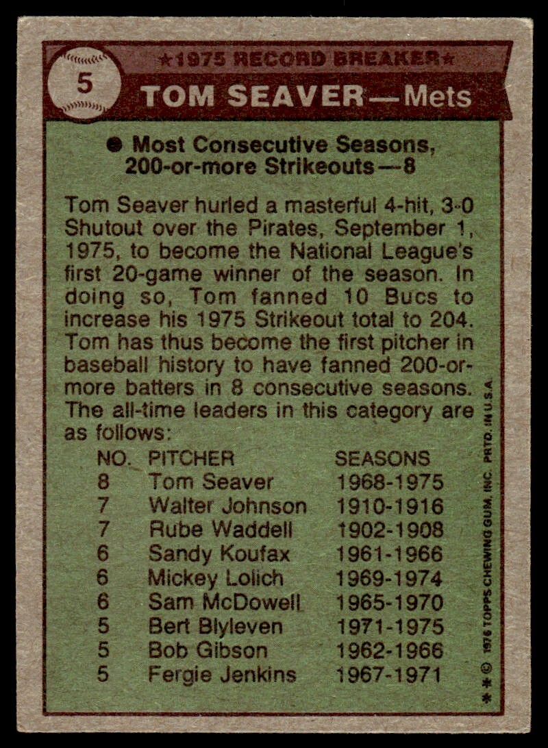 1976 TOPPS TOM SEAVER NEW YORK METS #5 | eBay