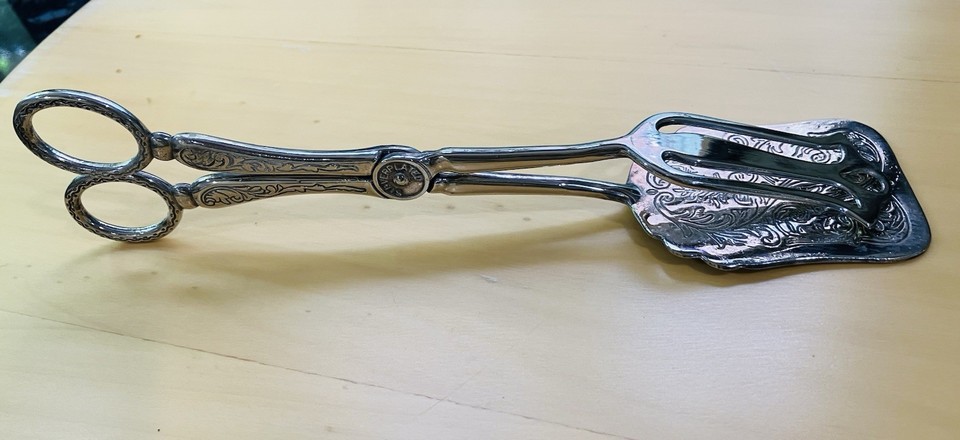 Vintage Cake Servers Scissor Tongs Silver Plate Hinged Ornate Pastry ...