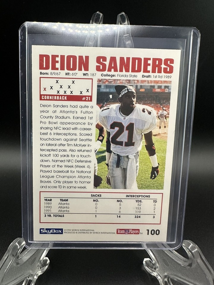 1992 SkyBox Impact Deion Sanders #100 Football Card Atlanta Falcons HOF ...