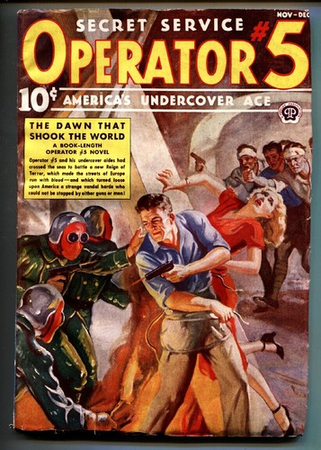 Operator #5 11/1938-Popular-hero pulp-Woman menaced with flamethrower ...