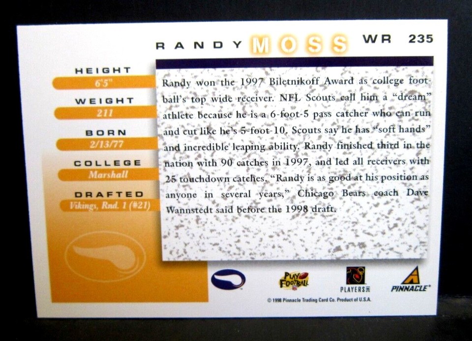 Randy Moss RC 1998 Panini Score ROOKIE Card#235!Vikings WR RC GOAT HOF ...