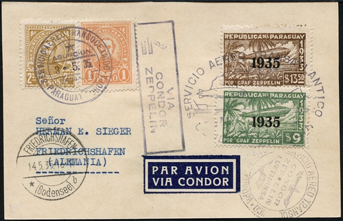 Zeppelin 1935 Paraguay 3. SAF Reko-Postkarte Asuncion F´hafen Si 298 / ...