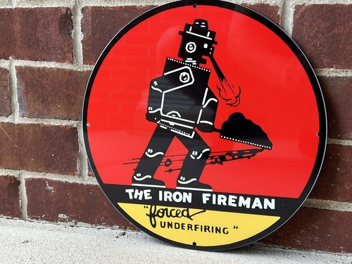 12” The Iron Fireman Coal Burner Heavy Metal Vintage Style Steel Sign ...