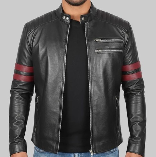 Men’s Black Leather Biker Jacket with Red Arm Stripes & Stand Collar | eBay