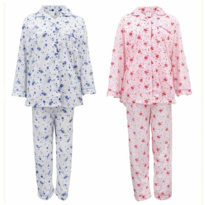 Women's 100% Cotton 2PCS Set Long Sleeve Nightie Sleepwear PJ Pajamas ...