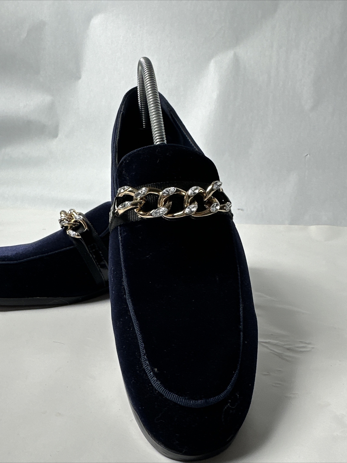 Royal Shoes Velvet Blue W/ Gold Chain - Gem