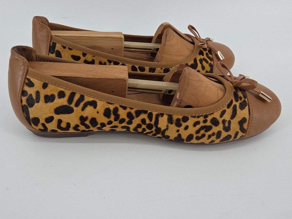 Vionic Minna Leopard LPRD Print Tan and Brown Leather Ballet Flats Size ...