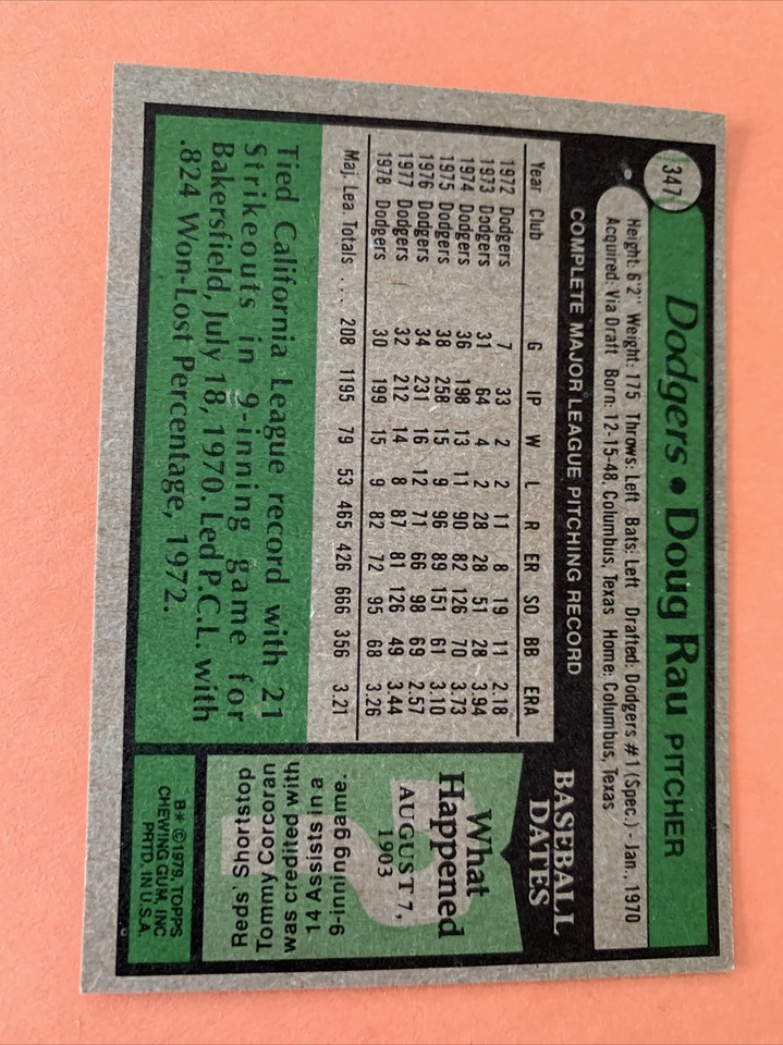1979 Topps Baseball Card #347 Doug Rau. Los Angeles Dodgers NmMt Free ...
