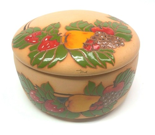 VINTAGE HAND PAINTED REDWARE CERAMIC TRINKET BOX W FRUIT MOTIF ...