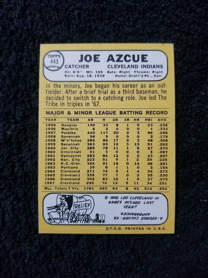 JOE AZCUE 1968 TOPPS BASEBALL #443 CLEVELAND INDIANS | eBay