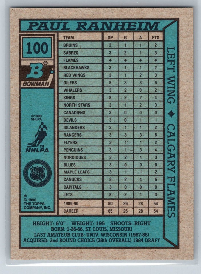 1990-91 Bowman Paul Ranheim Rookie Calgary Flames RC #100 | eBay