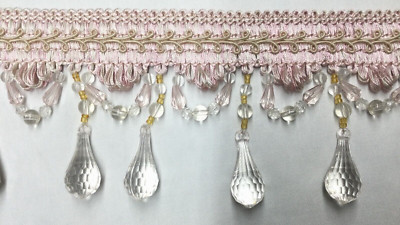 (Sold by The Yard) 4” Tear Drop Beaded Trim Fringe Gimp Top/ Soft Pink ...