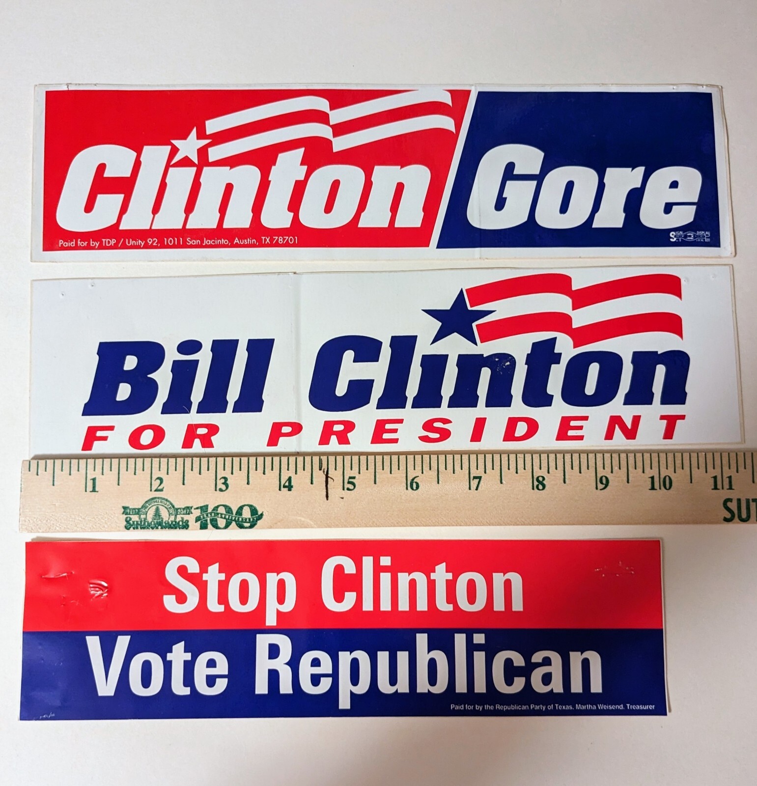 Lot of 3 BILL CLINTON Campaign BUMPER STICKERS Incl Clinton/Gore & Stop ...