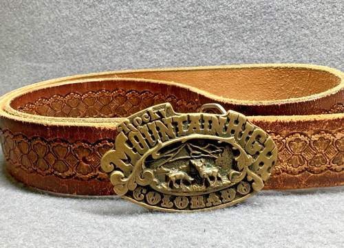 Brass Belt Buckle 1975 Adezy Denver "Rocky Mountain High Colorado" & VTG Belt | eBay