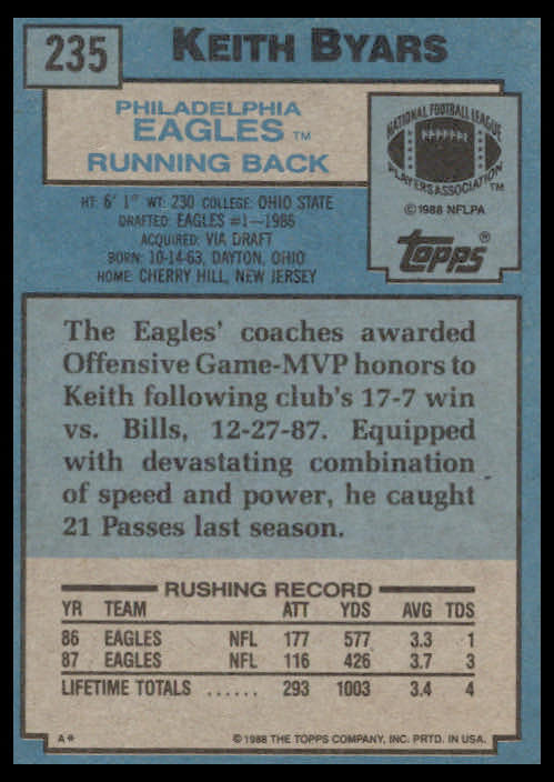 1988 Topps #235 Keith Byars Philadelphia Eagles Football Card | eBay