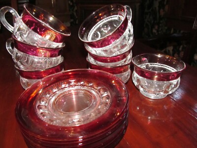 7 vintage ruby red thumbprint glass cups and saucers. | eBay
