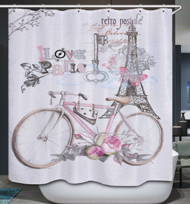 PARIS Retro Postale Bike Eiffel Tower Fabric Shower Curtain 70x70 Pink ...