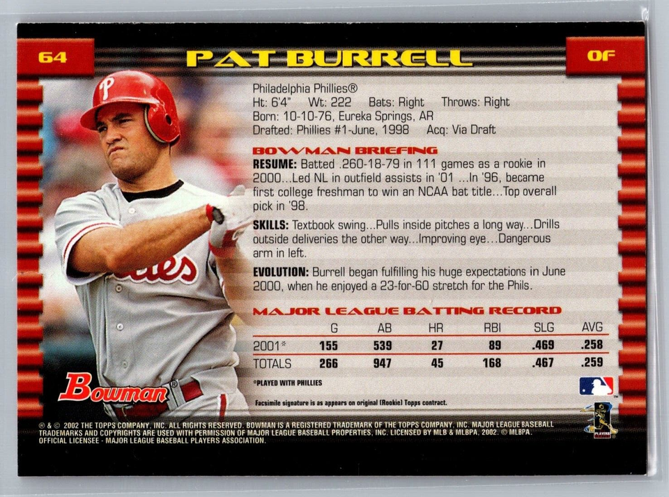2002 TOPPS BOWMAN CARD # 64 Pat Burrell - Philadelphia Phillies | eBay