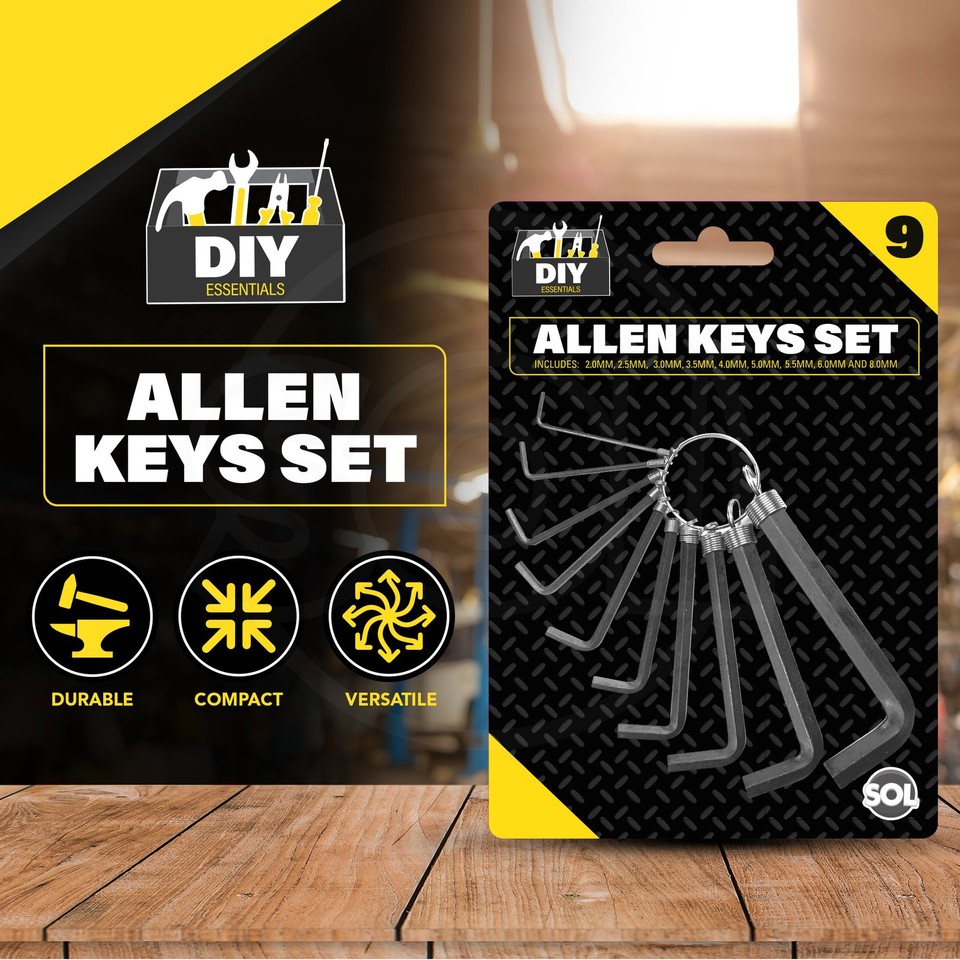 9 Hex Key Set Allen Hexagon Alan L Wrench Imperial Metric 2-8mm ...