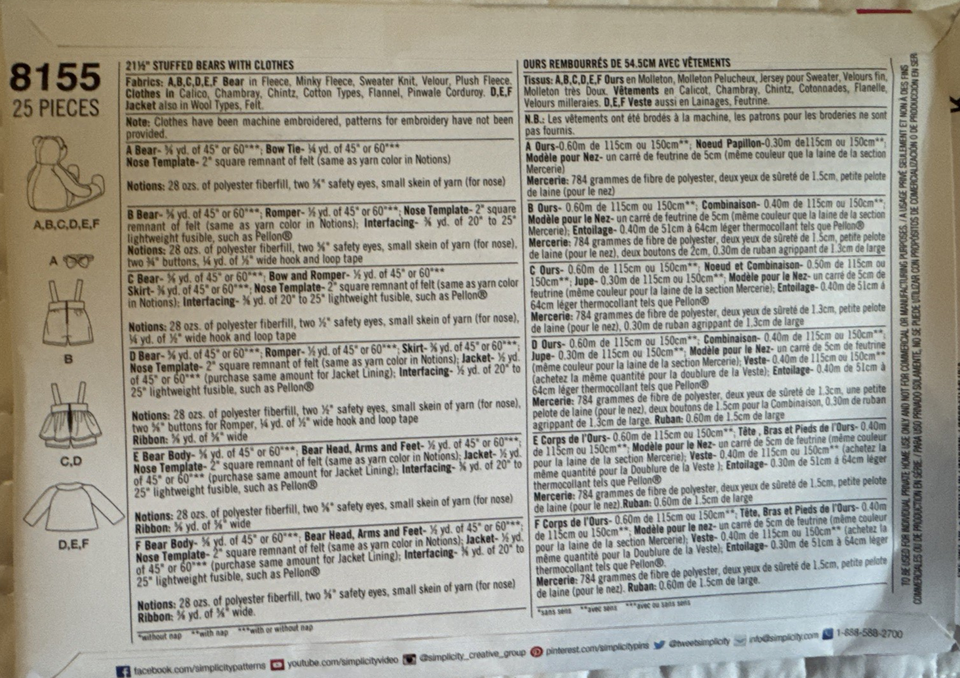 Sewing Pattern Stuffed Animals Teddy Bears 21.5" Clothes Simplicity ...