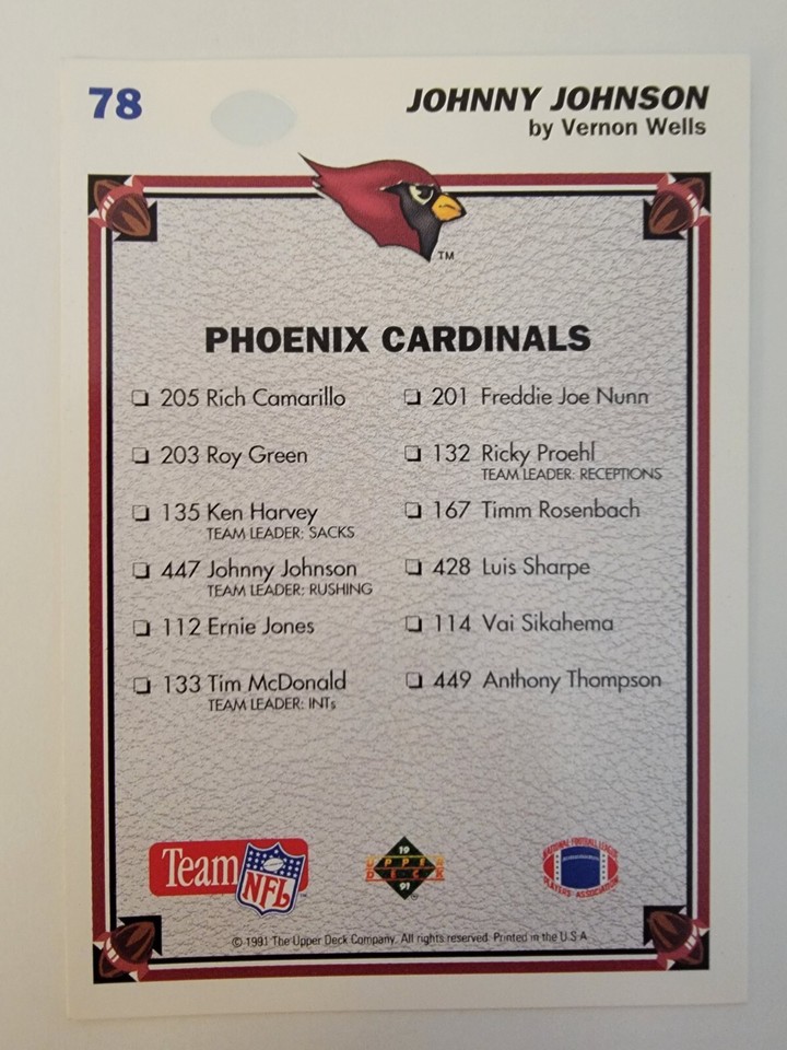 1991 Upper Deck Football Card #78 Johnny Johnson Arizona Cardinals ...