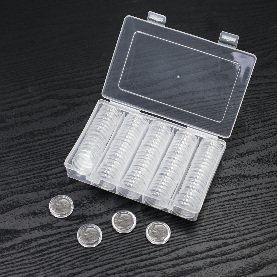 100 Pack 25 mm Coin Capsule Holders w/ Storage Case Direct For US Dime ...