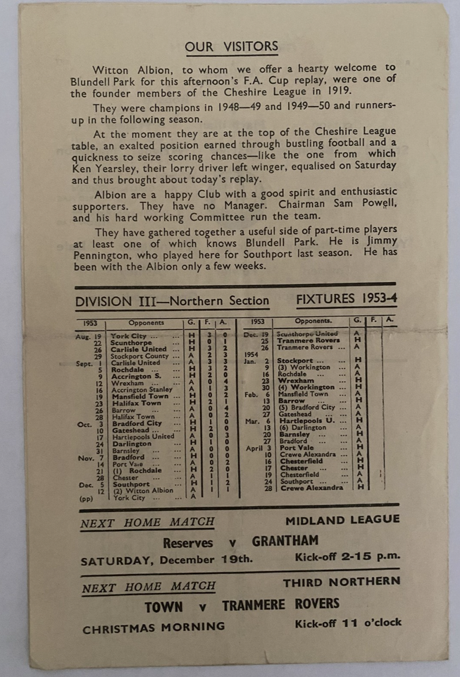 GRIMSBY TOWN v WITTON ALBION FA Cup Replay 1953/1954 Football Programme ...