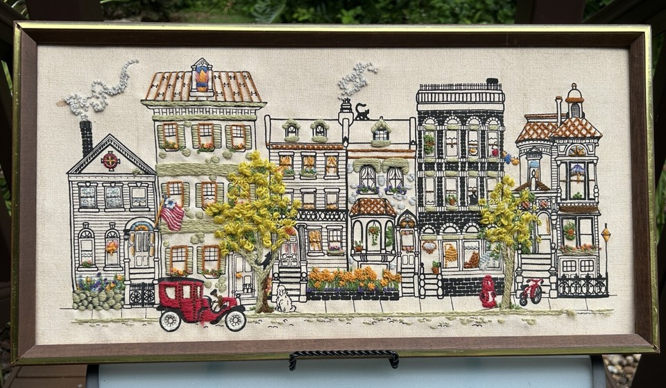 VTG 1979 Framed Crewel Embroidery "Center Street" Design by Donna Yuen ...