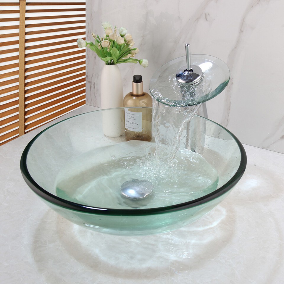 Bathroom Clear Tempered Glass Vessel Basin Sink With Taps Drain Combo ...