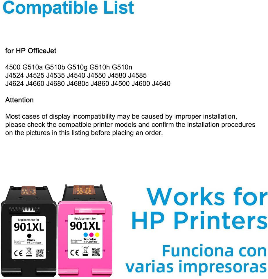 2PK 901XL Ink Cartridges For HP Officejet 4500 J4500 J4540 J4550 J4580 ...