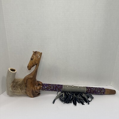 Authentic Native American Peace Pipe Horse Head Beaded Fur Fringe | eBay