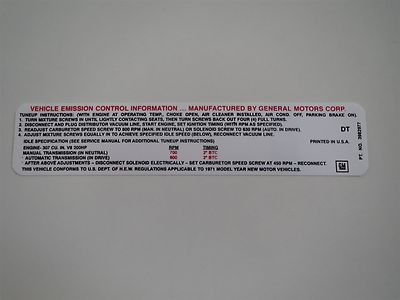 1971 CHEVROLET CHEVELLE MALIBU EL CAMINO 307 200HP ENGINE EMISSIONS ...