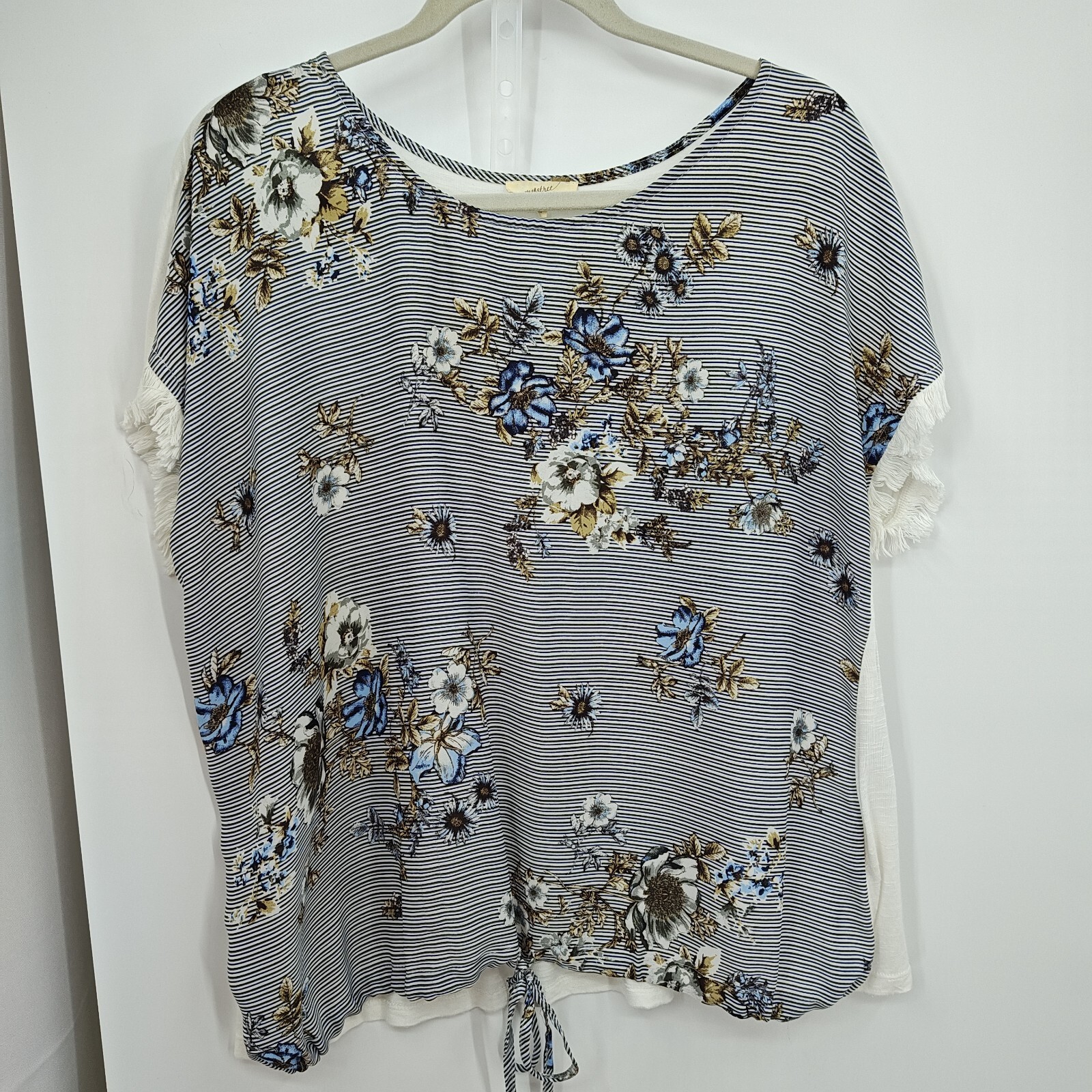 Mystree Top Size Medium Blue Floral Scoop Neck Short Sleeve Drawstring ...