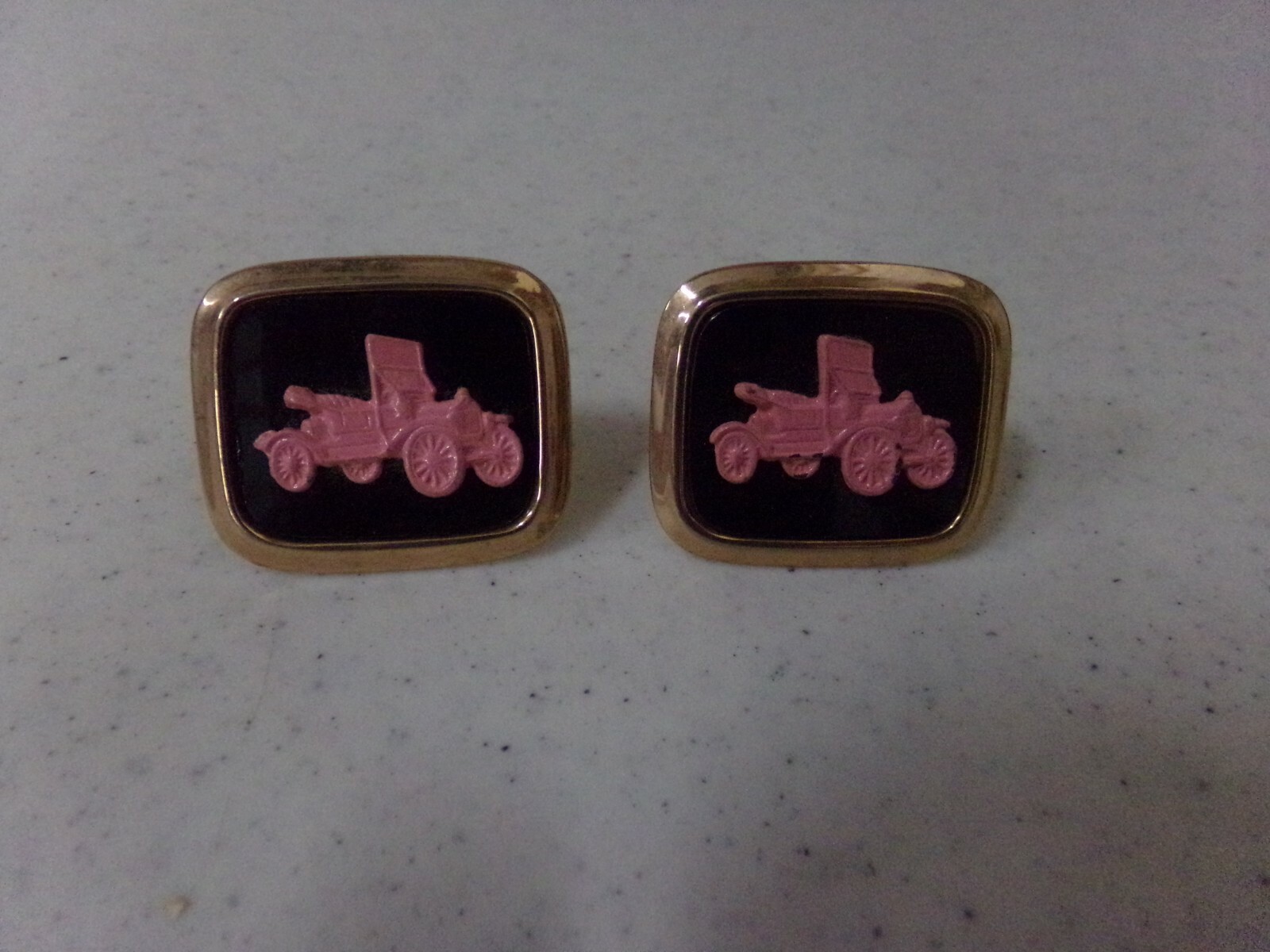 Vintage Set of Large Model T Cufflinks ~ Goldtone W/ Black & Pink Car ...