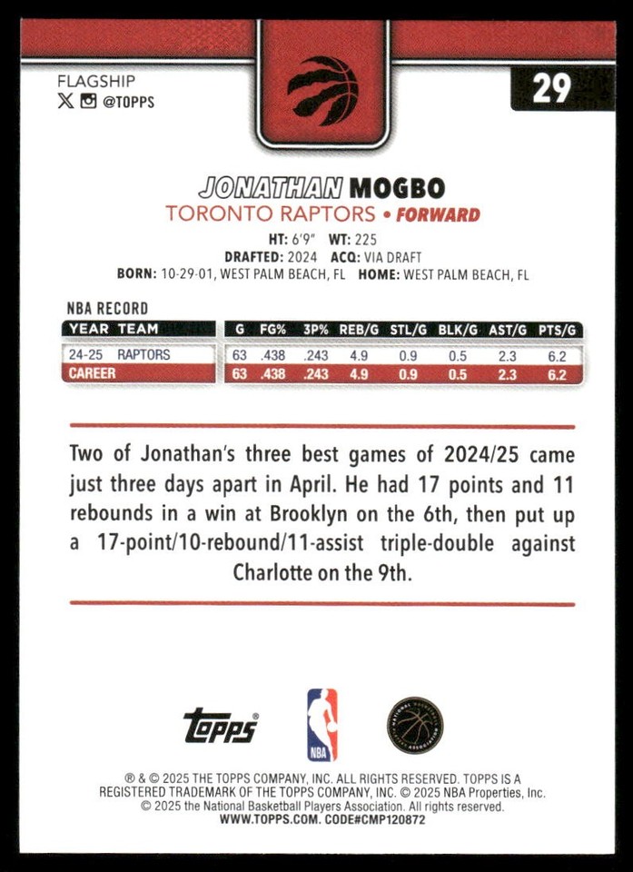 2025-26 Topps #29 Jonathan Mogbo Purple Holo Foil #/250 | eBay