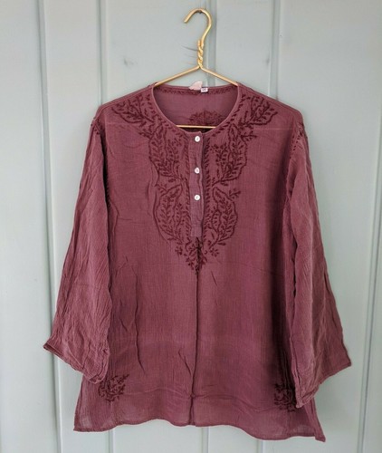 Embroidered Boho Womens One Size Shirt Tunic Red Crinkle Peasant ...