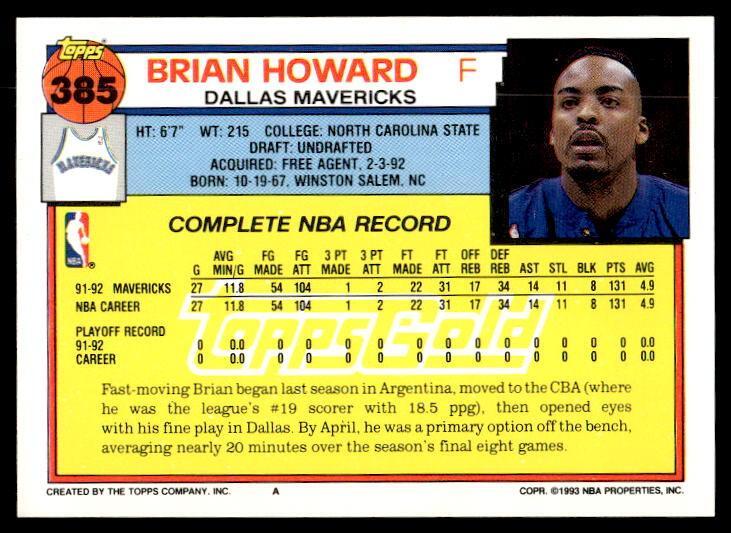 1992 Topps Brian Howard #385 Gold Dallas Mavericks | eBay