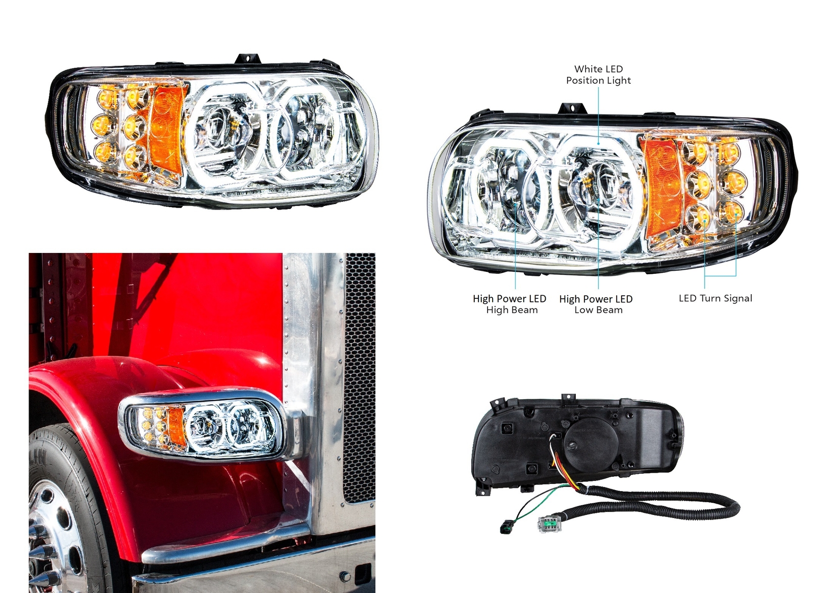 Pair All LED Headlights w/ LED Halos DLR & Turn Signals for Peterbilt ...